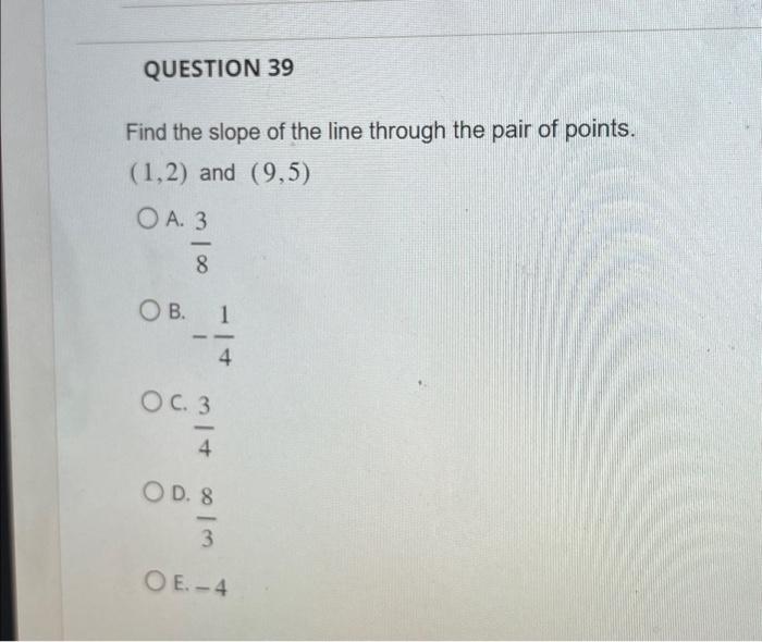 Solved QUESTION 39 Find the slope of the line through the | Chegg.com