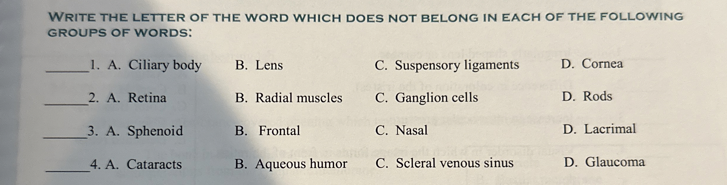 Solved WRITE THE LETTER OF THE WORD WHICH DOES NOT BELONG IN | Chegg.com
