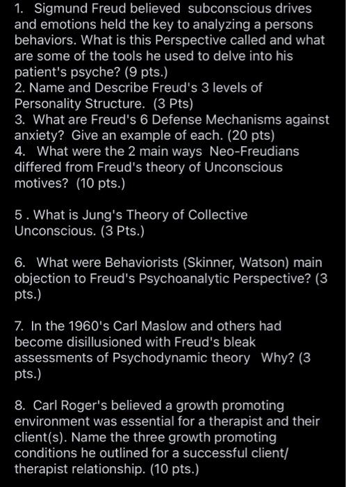 Solved 1. Sigmund Freud believed subconscious drives and | Chegg.com