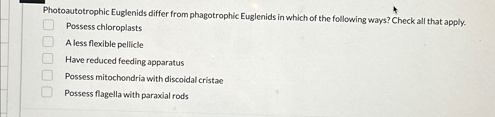 Solved Photoautotrophic Euglenids differ from phagotrophic | Chegg.com