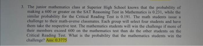 Solved 3. The junior mathematics class at Superior High | Chegg.com