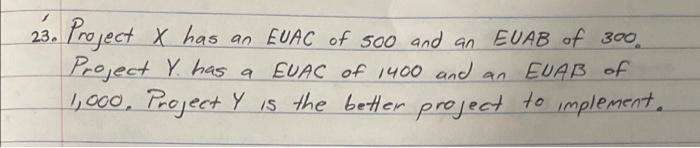 Solved 23. Project X has an EUAC of 500 and an EUAB of 300, | Chegg.com