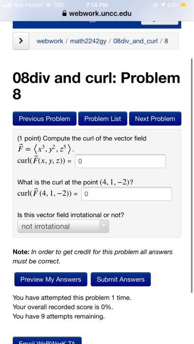 Solved all Red Pocket WEB 7:14 PM webwork.uncc.edu @ 1 53% | Chegg.com