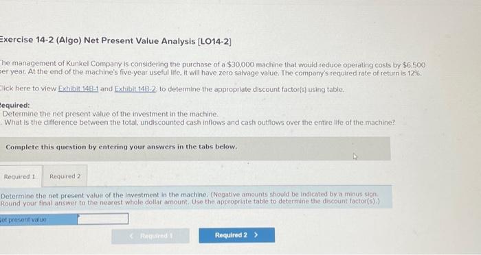 Exercise 14-2 (Algo) Net Present Value Analysis | Chegg.com