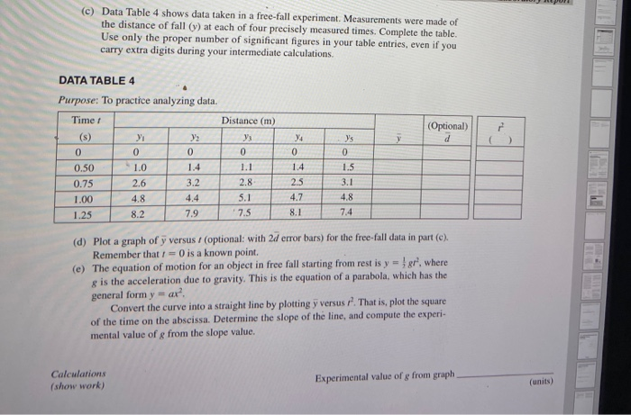 Solved (c) Data Table 4 shows data taken in a free-fall | Chegg.com