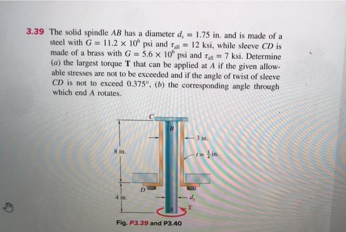 Solved 3.39 The solid spindle AB has a diameter ds = 1.75 | Chegg.com