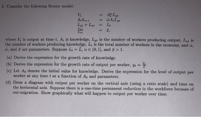 2. Consider the following Romer model: Y AA+1 Ar Lue | Chegg.com