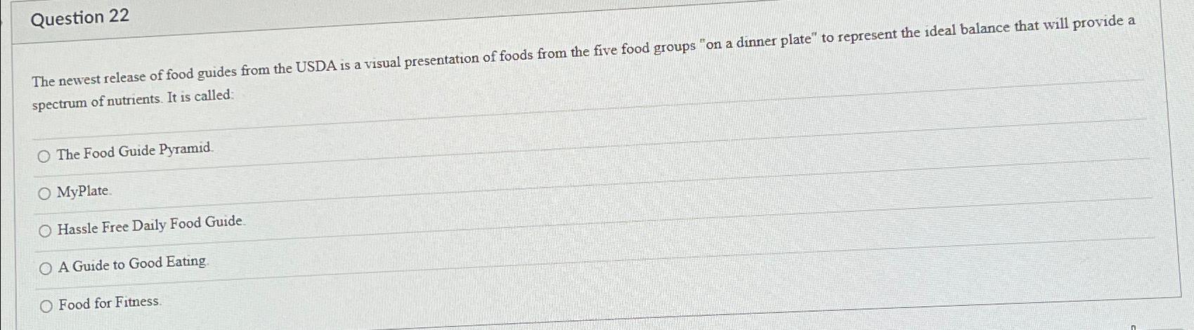 Solved Question 22The newest release of food guides from the | Chegg.com
