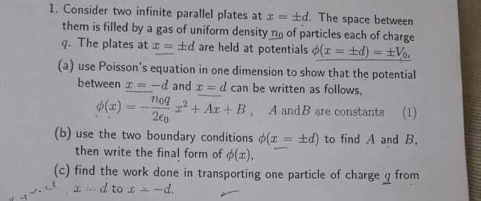 Solved 1. Consider two infinite parallel plates at x=±d. The | Chegg.com