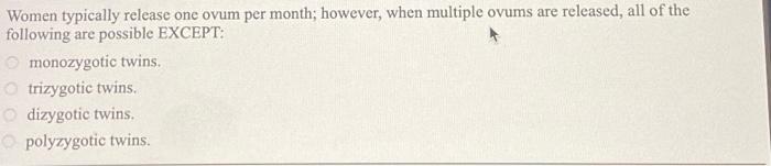 Solved Women typically release one ovum per month; however, | Chegg.com