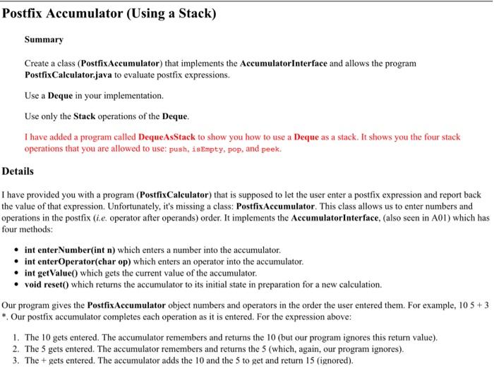 Solved Postfix Accumulator (Using a Stack) Summary Create a | Chegg.com