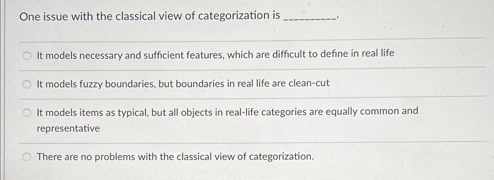 Solved One issue with the classical view of categorization | Chegg.com