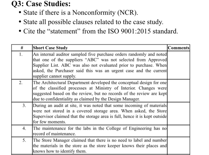 Solved Q3: Case Studies:State if there is a Nonconformity | Chegg.com