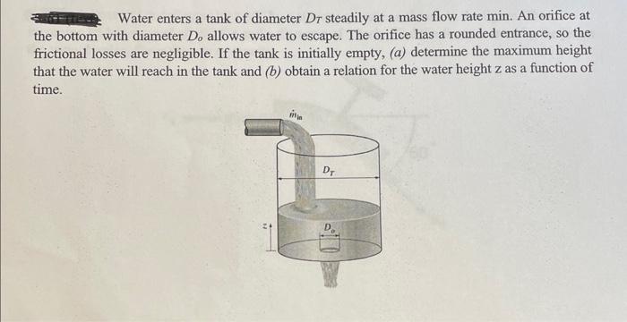 Solved Water enters a tank of diameter DT steadily at a mass | Chegg.com