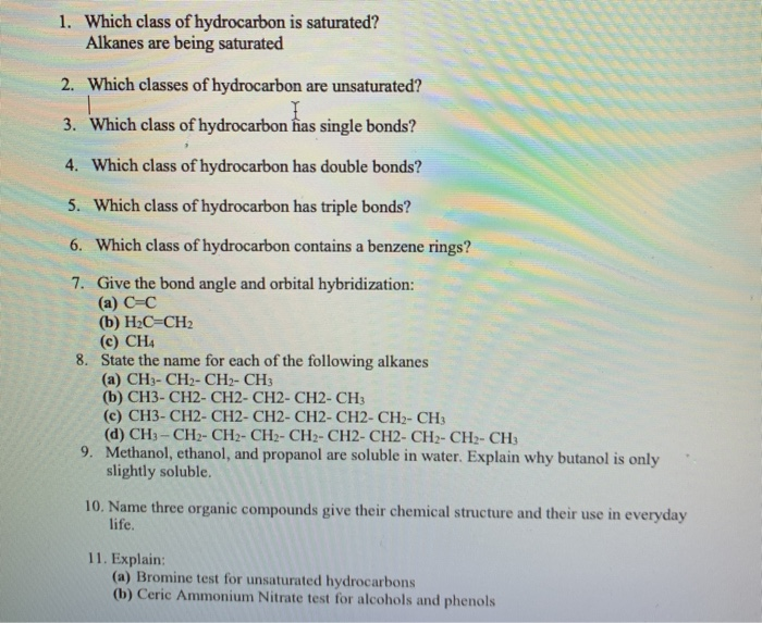 Solved 1. Which class of hydrocarbon is saturated? Alkanes | Chegg.com