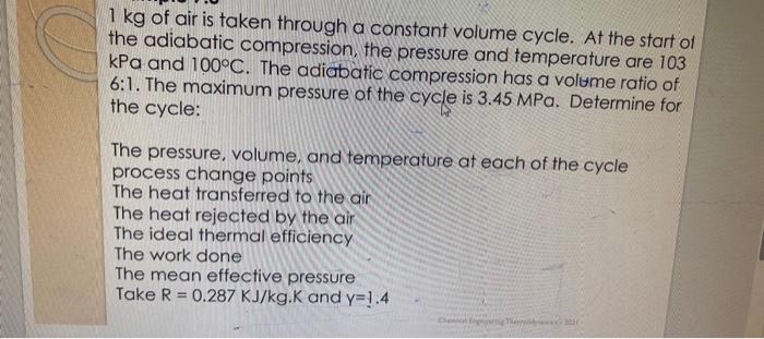 Solved 1 kg of air is taken through a constant volume cycle. | Chegg.com