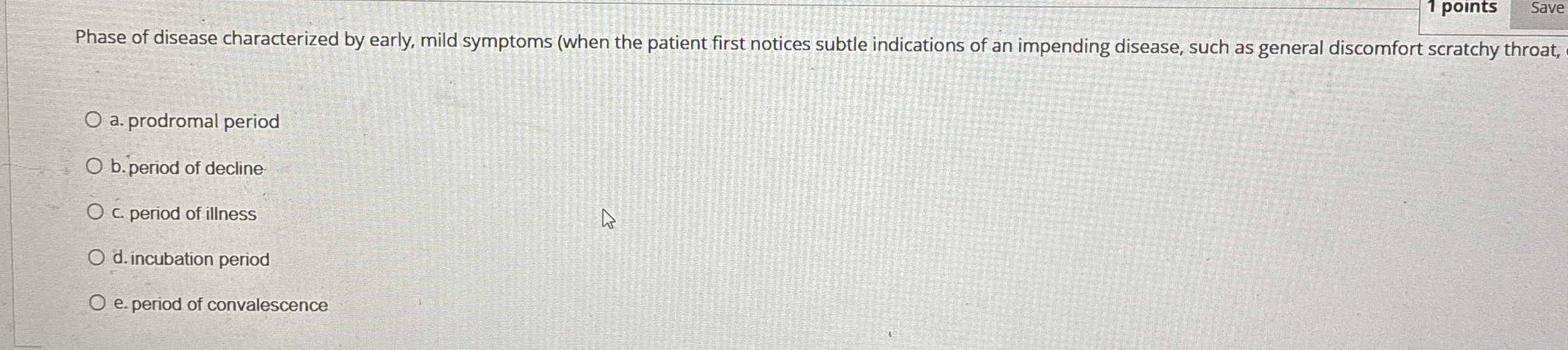 Solved 1 ﻿pointsSavePhase of disease characterized by early, | Chegg.com