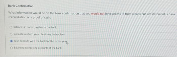 Solved Bank Confirmation What information would be on the | Chegg.com
