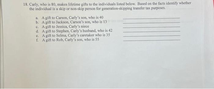 Solved 18. Carly, who is 80 , makes lifetime gifts to the | Chegg.com