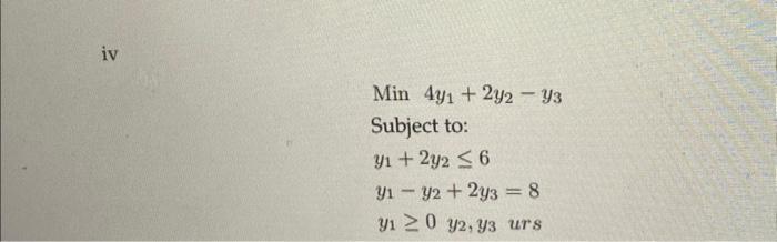 Solved Min 4y1+2y2−y3 Subject to: | Chegg.com