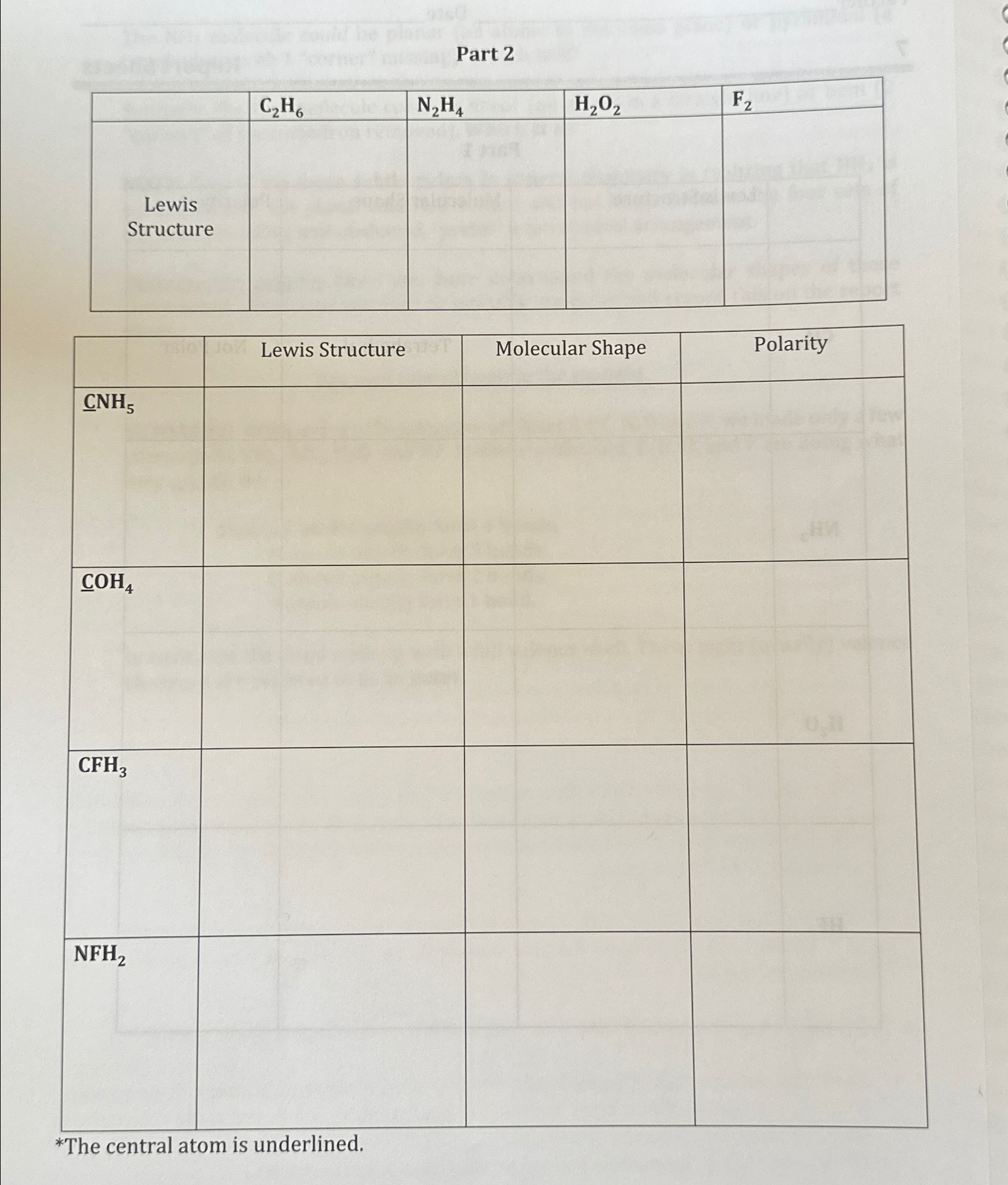 Solved Part 2\table[[,C2H6,N2H4,H2O2,F2 | Chegg.com