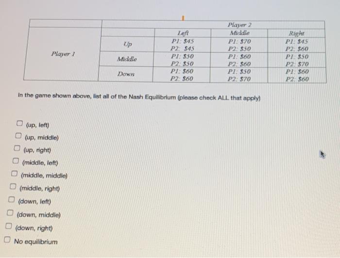 Solved Up Plaver 1 Plaver 2 Middle PI $70 P2: $50 PI $60 P2. | Chegg.com