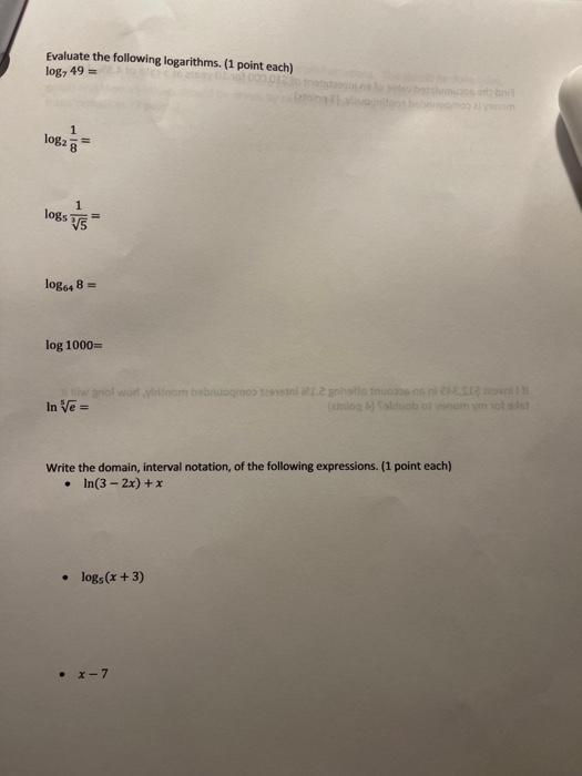 Solved Evaluate the following logarithms. (1 point each) | Chegg.com