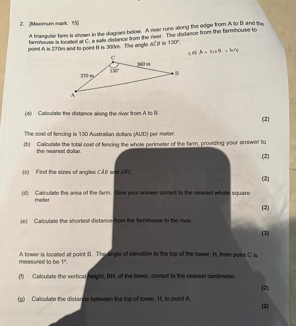 Solved 2. [Maximum mark: 15] A triangular farm is shown in | Chegg.com