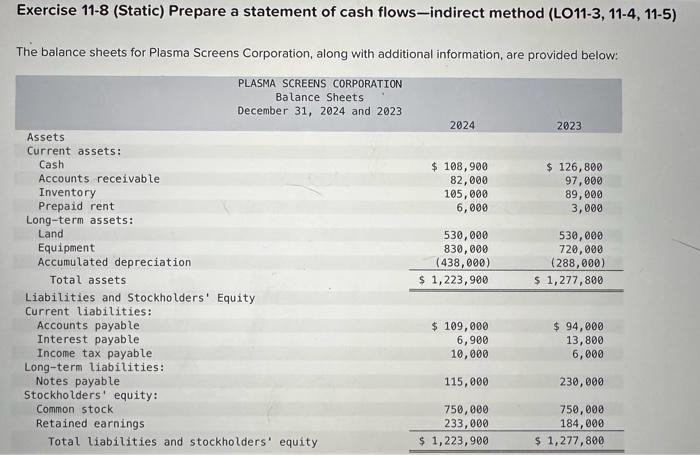 Solved Exercise 11-8 (Static) Prepare a statement of cash | Chegg.com