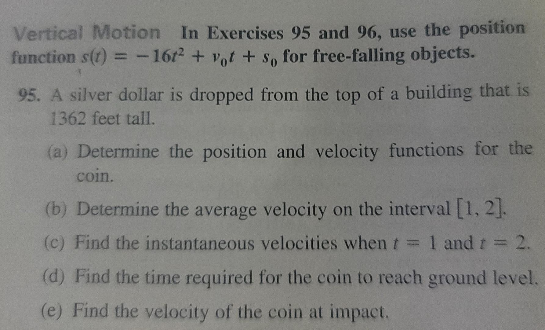 Solved Vertical Motion In Exercises 95 and 96, use the | Chegg.com