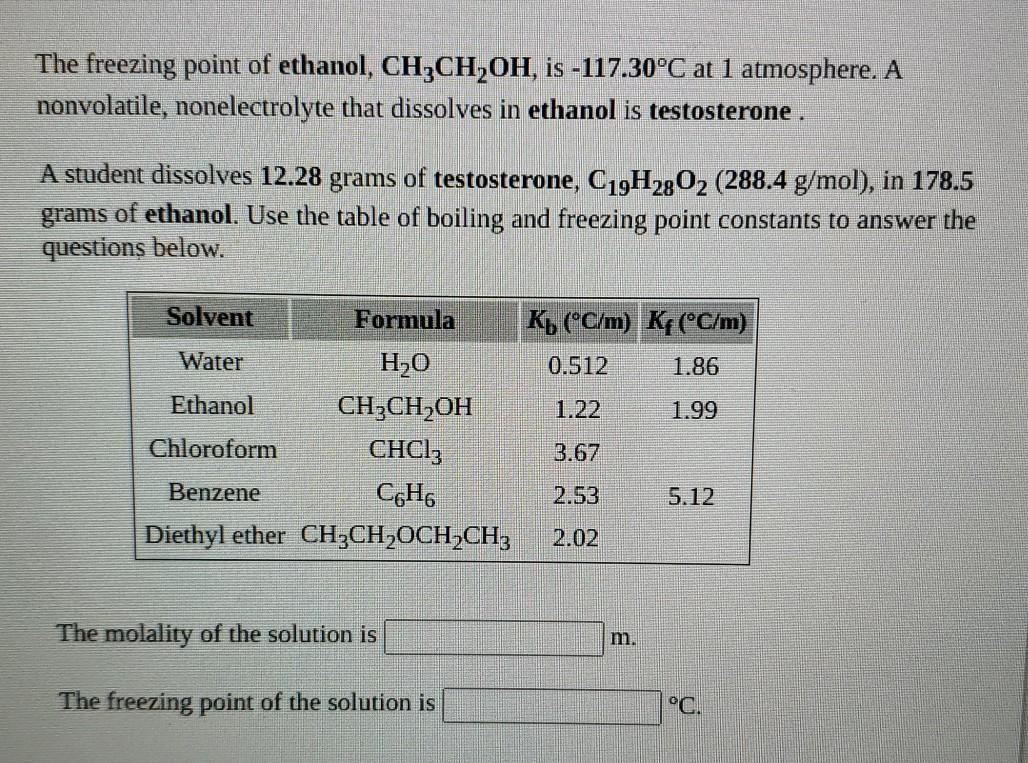 Solved The freezing point of ethanol, CH3CH2OH, is -117.30°C | Chegg.com
