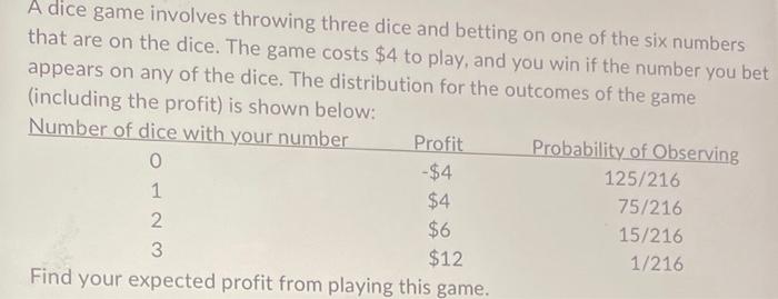 Solved A dice game involves throwing three dice and betting | Chegg.com