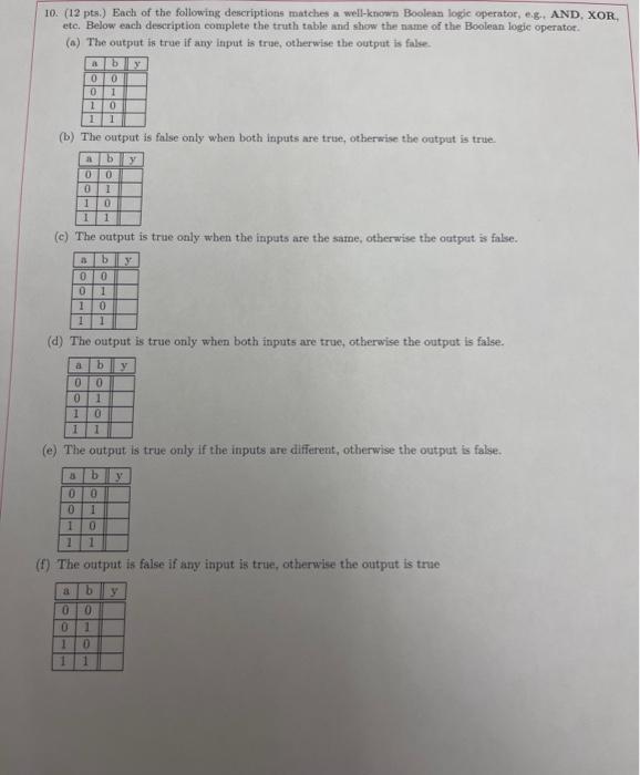 Solved 10. (12 pts.) Each of the following descriptions | Chegg.com