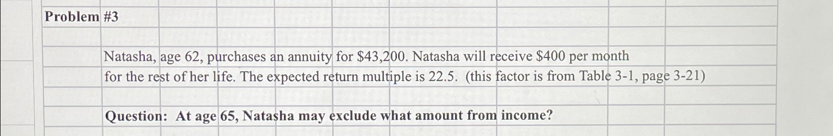 Solved Problem #3\\nNatasha, age 62 , purchases an annuity | Chegg.com