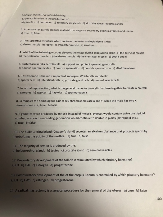 Solved Multiple-choice/True-false/Matching: 1. Gonads | Chegg.com