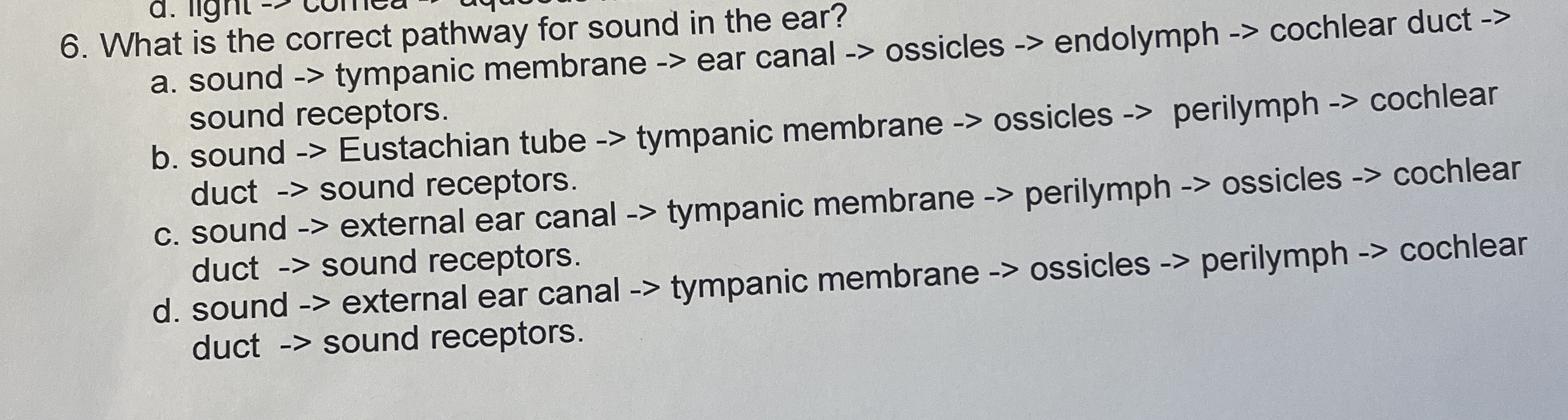 Solved What is the correct pathway for sound in the ear?a. | Chegg.com