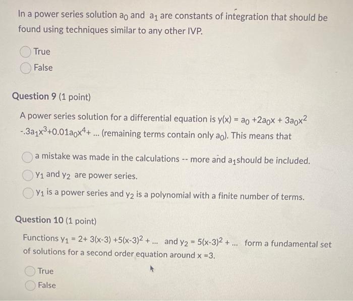 Solved In a power series solution a0 and a1 are constants of | Chegg.com