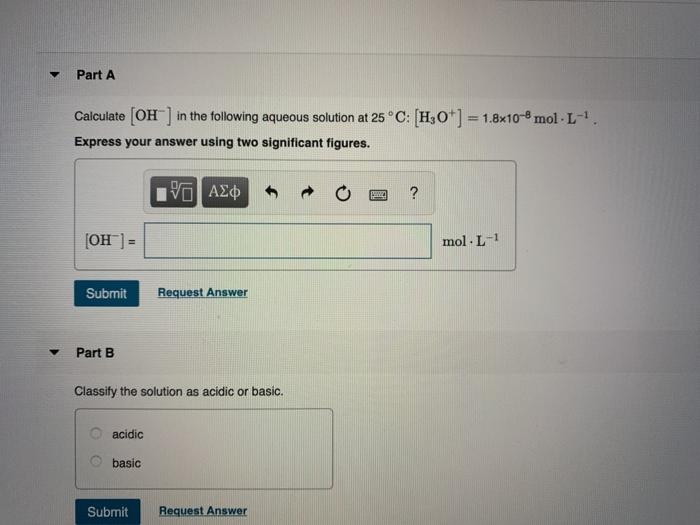 Solved Part A Calculate (OH) in the following aqueous | Chegg.com