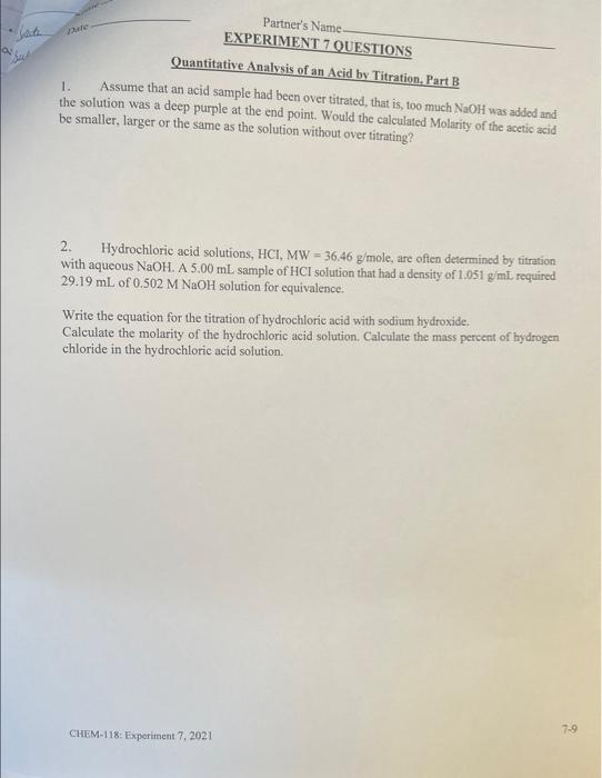 Quantitative Analysis by Acid-Base Titrations, Part B | Chegg.com