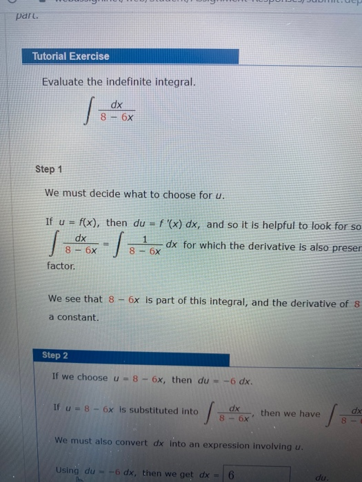 Solved part Tutorial Exercise Evaluate the indefinite | Chegg.com