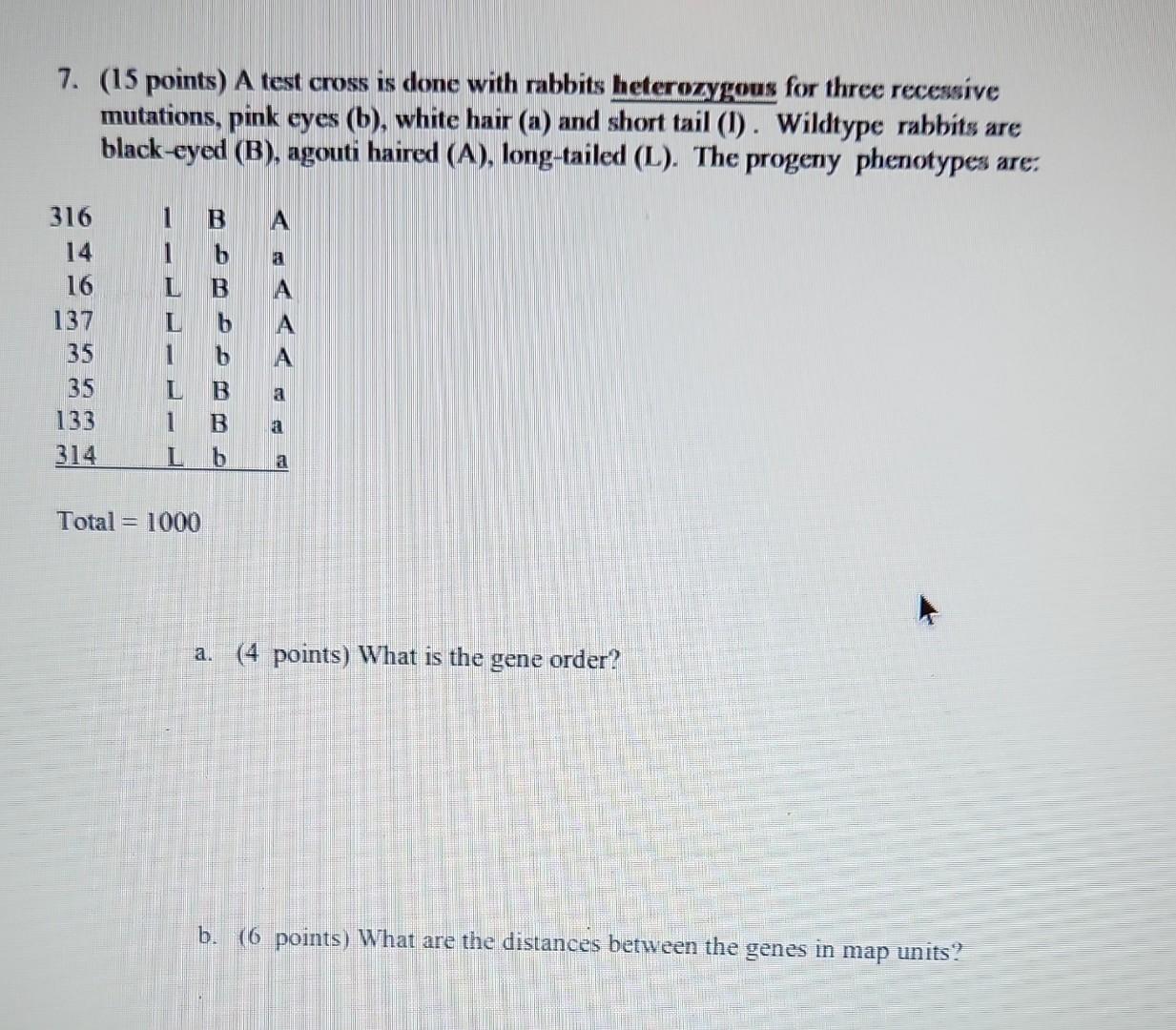 Solved 7. (15 points) A test cross is done with rabbits | Chegg.com