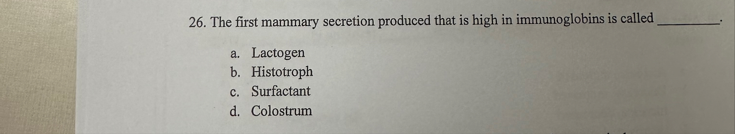 Solved The first mammary secretion produced that is high in | Chegg.com