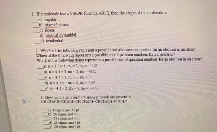 Solved 1. If a molecule has a VSEPR formula AX3E, then the | Chegg.com