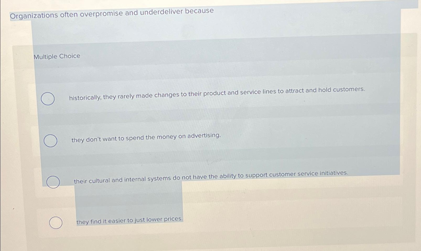 Solved Organizations often overpromise and underdeliver | Chegg.com