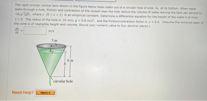 Solved The right-circular conical tank shown in the figure | Chegg.com
