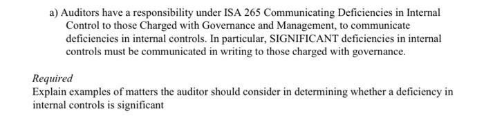 Solved a) Auditors have a responsibility under ISA 265 | Chegg.com