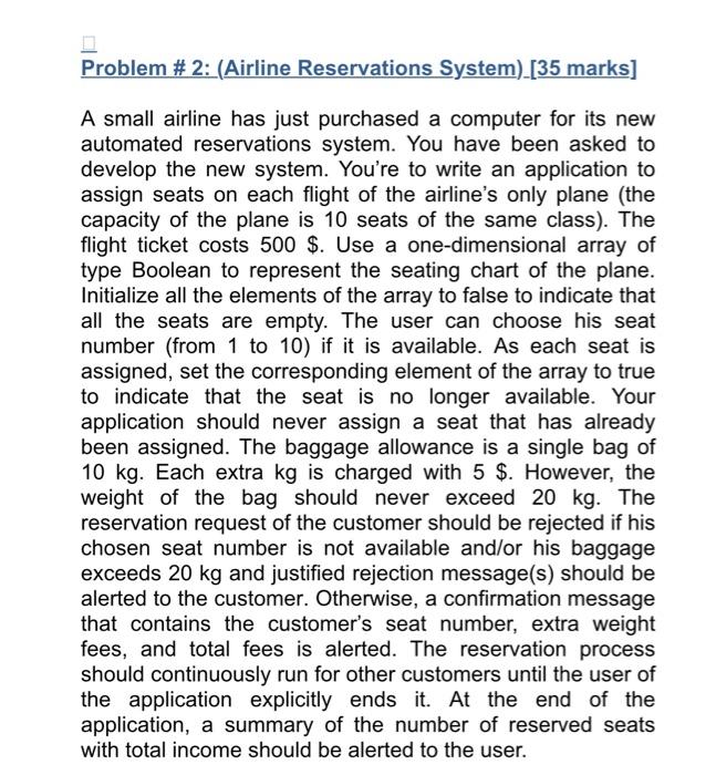 Solved Problem \# 2: (Airline Reservations System)_[ 35 | Chegg.com