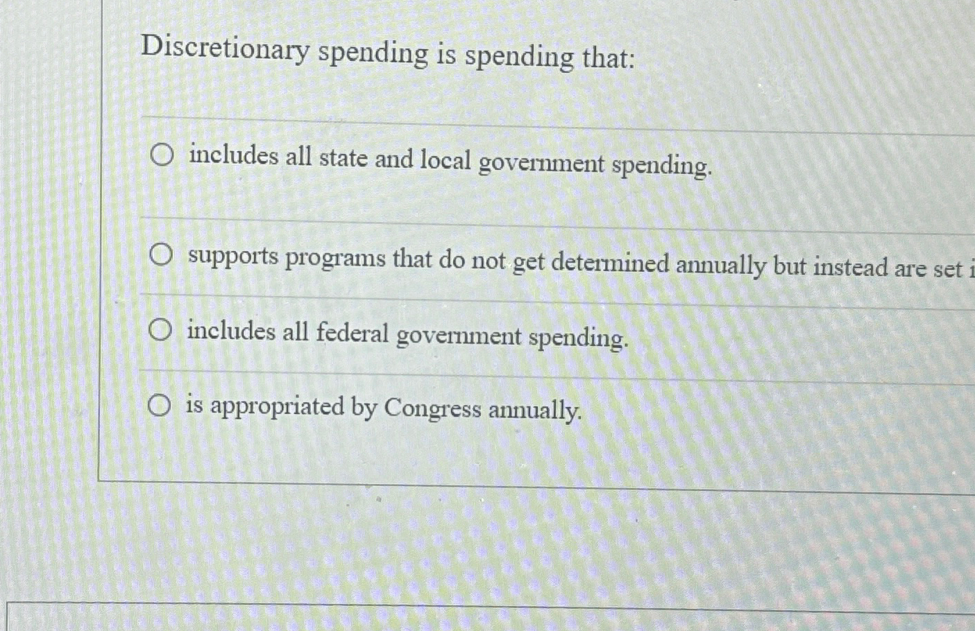Solved Discretionary spending is spending that:includes all | Chegg.com