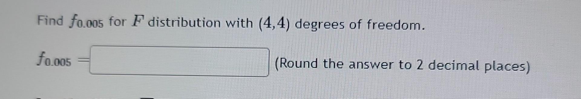 Solved Find f0.005 for F distribution with (4,4) degrees of | Chegg.com