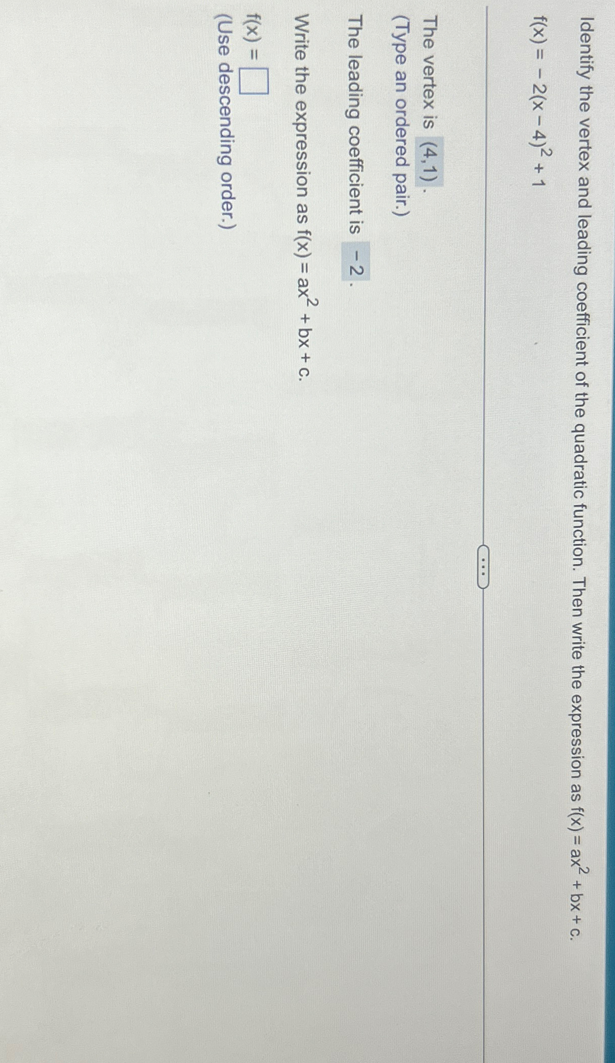 Solved Identify the vertex and leading coefficient of the | Chegg.com